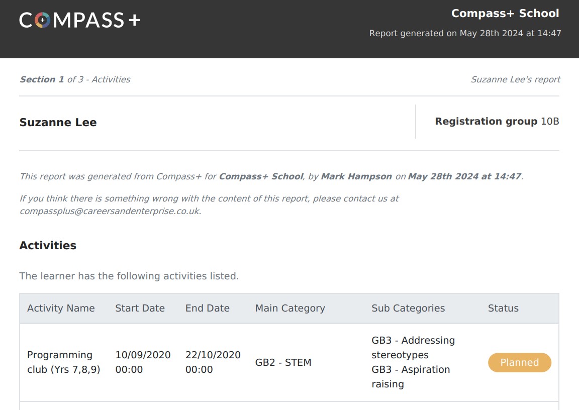 Learner Profile - Activities tab – The Careers & Enterprise Company