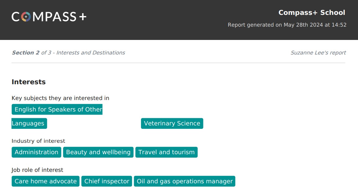 Learner Profile - Interests and Destinations tab – The Careers & Enterprise Company